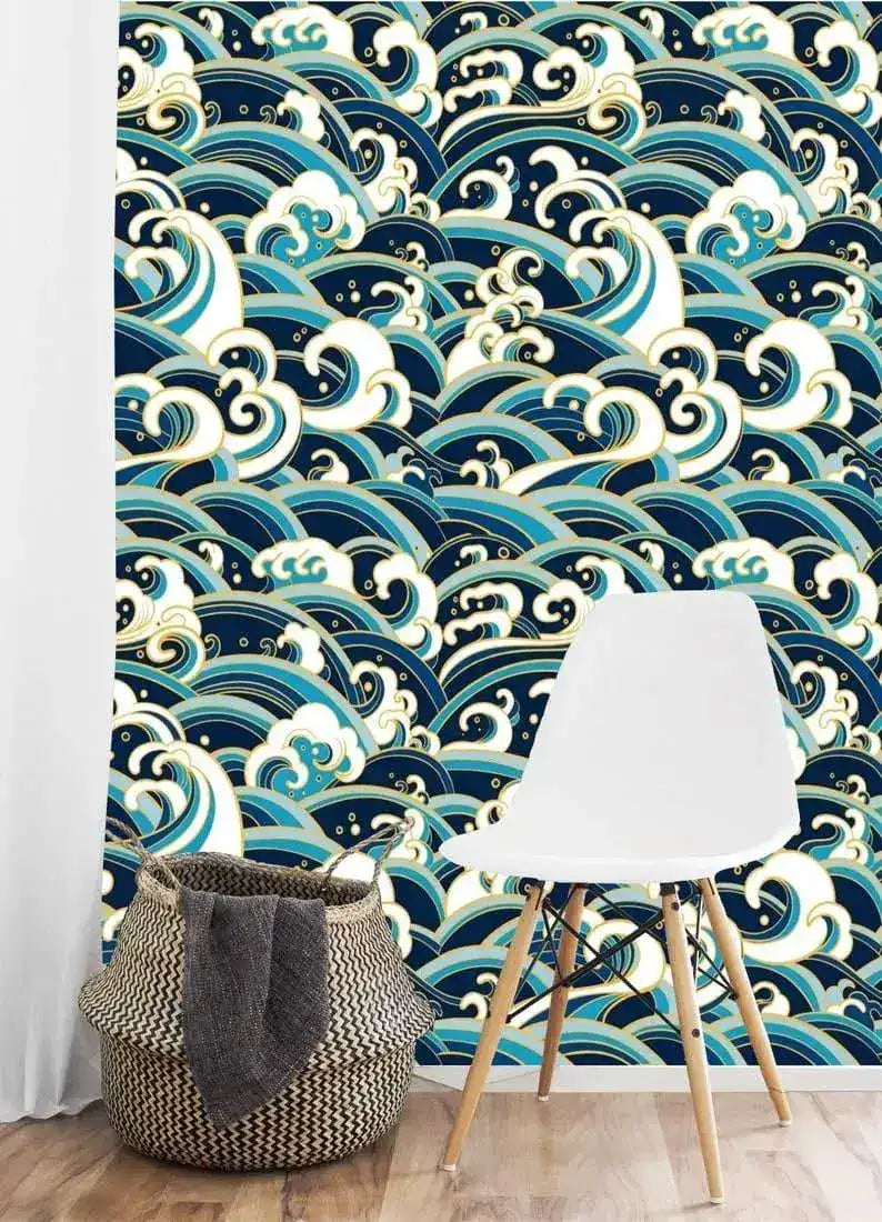 Wallpaper Nautical Peel and stick Removable or Traditional Wallpaper Waves Self Adhesive Wall ...