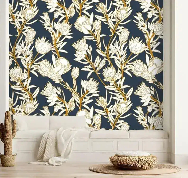 White and Navy Floral Protea Wallpaper – MAIA HOMES