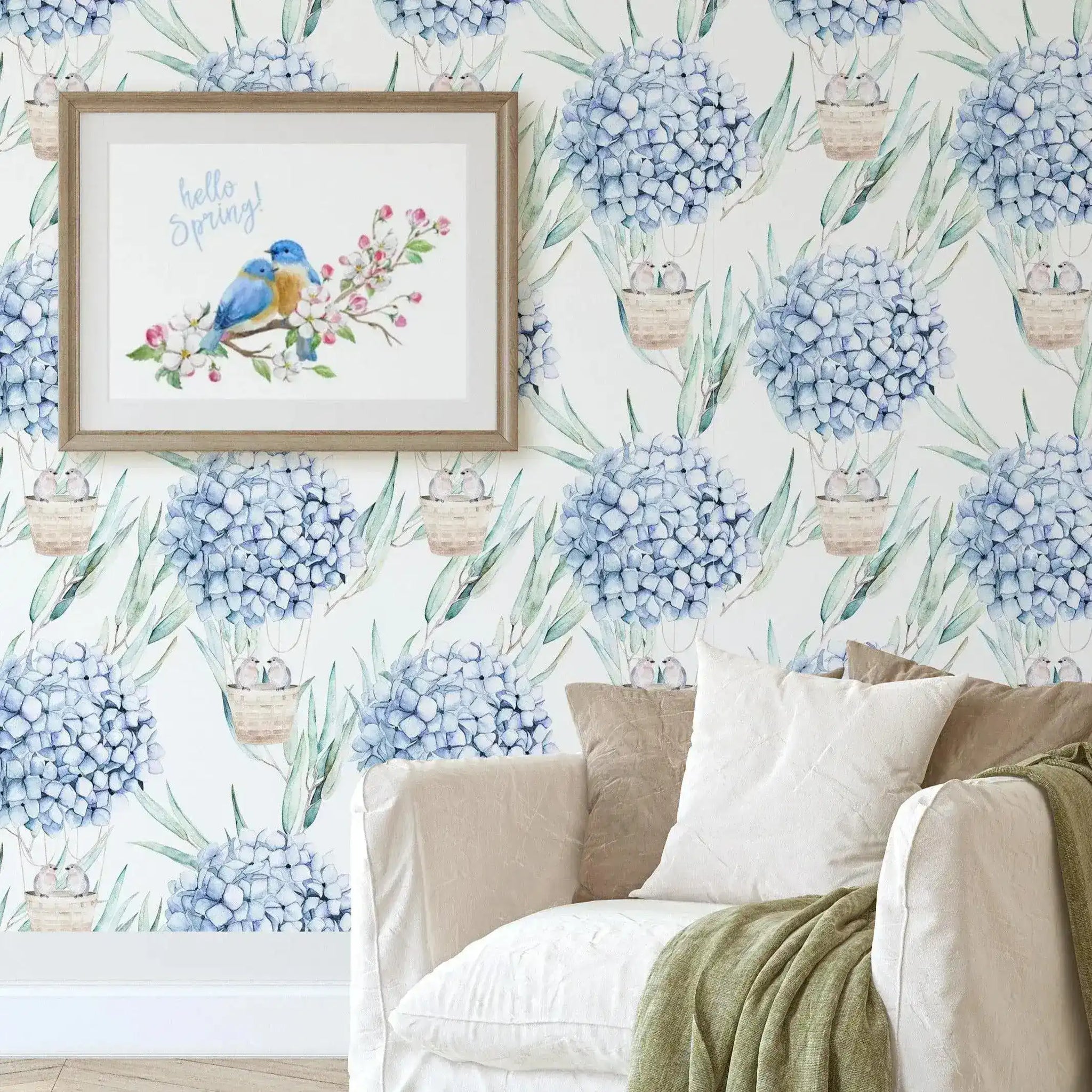 Blue Hydrangea Birds Watercolor Removable Wallpaper | MAIA HOMES