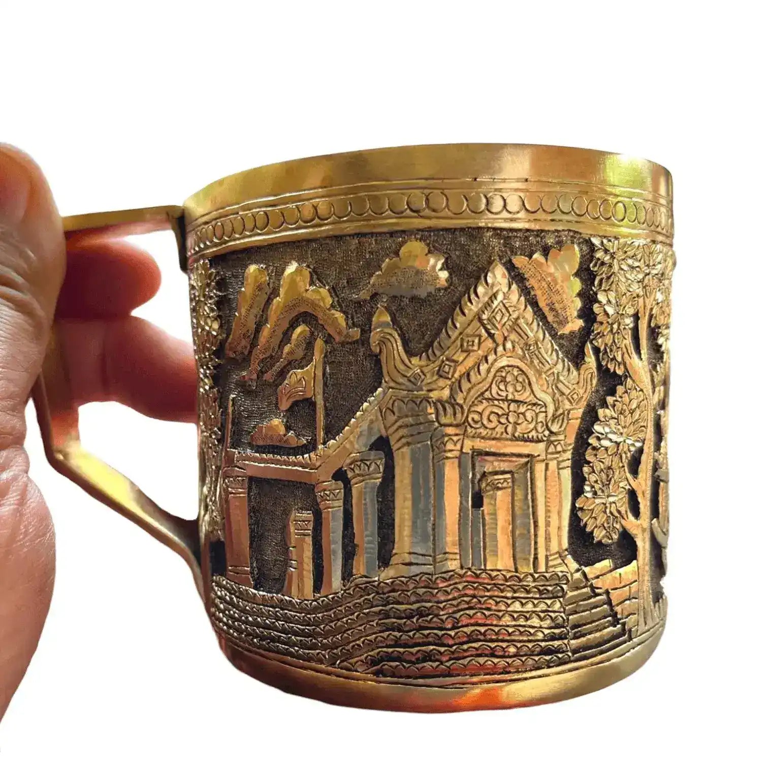 Hand Engraved Solid Brass Mug with Handle - Temple | MAIA HOMES