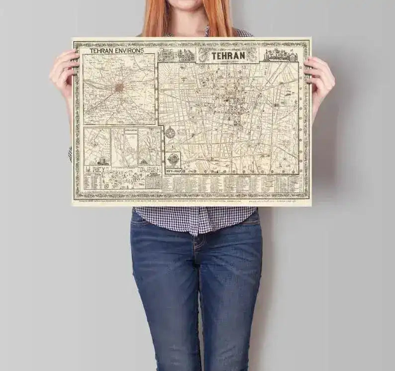 Tehran City Map Wall Print| Framed Map Wall Decor| 1956 Tehran Map Art ...