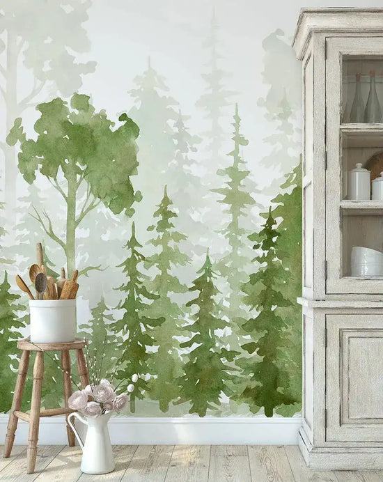 Watercolor Pine Tree Forest Wall Mural | MAIA HOMES