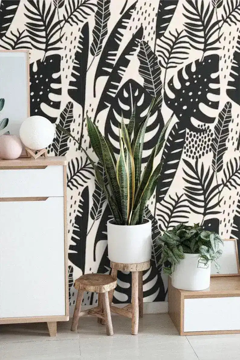 Black Illustrated Monstera Botanical Wallpaper – MAIA HOMES