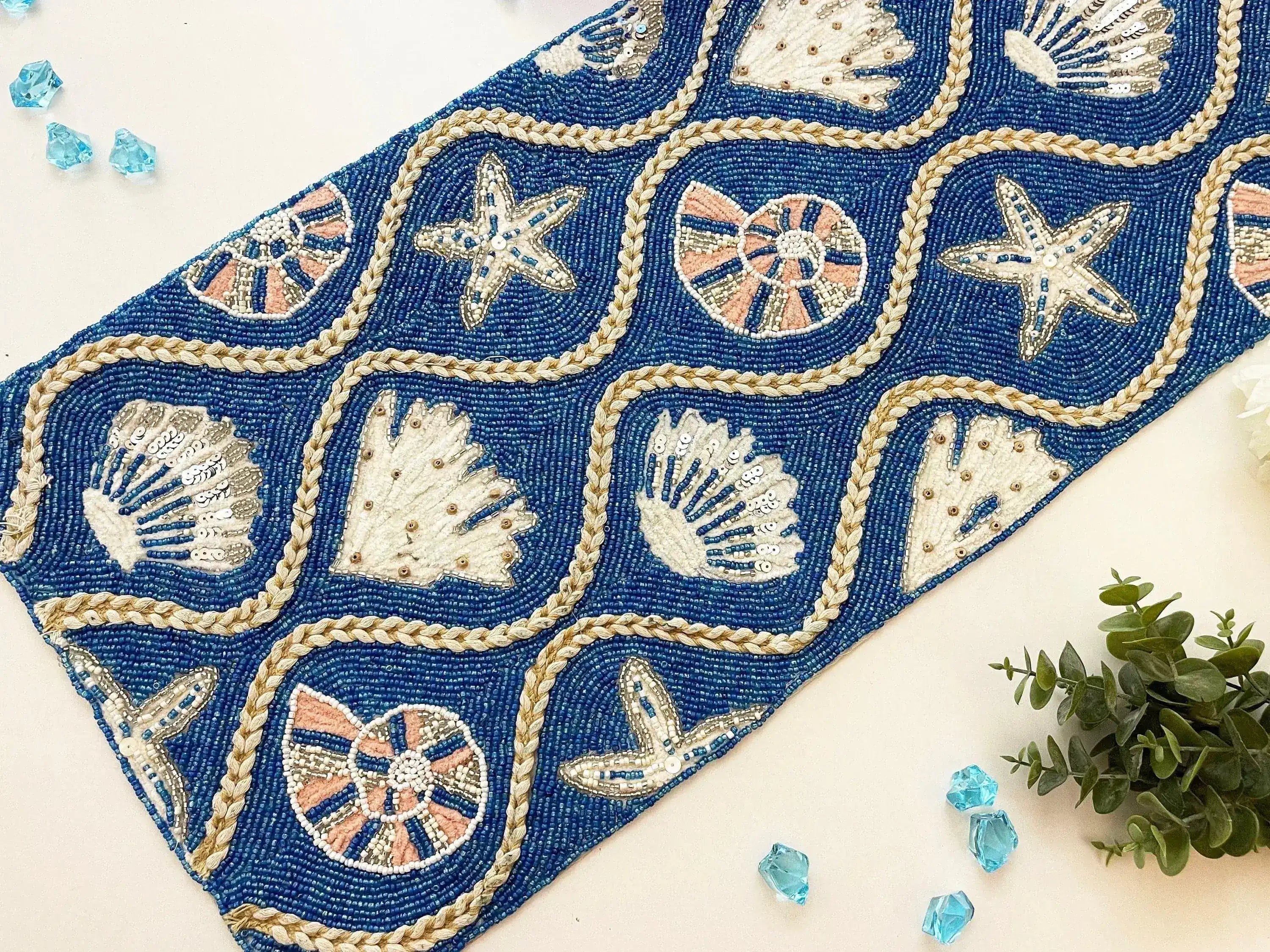 Blue Cream Seashell Bead and Embroidery Table Runner – MAIA HOMES