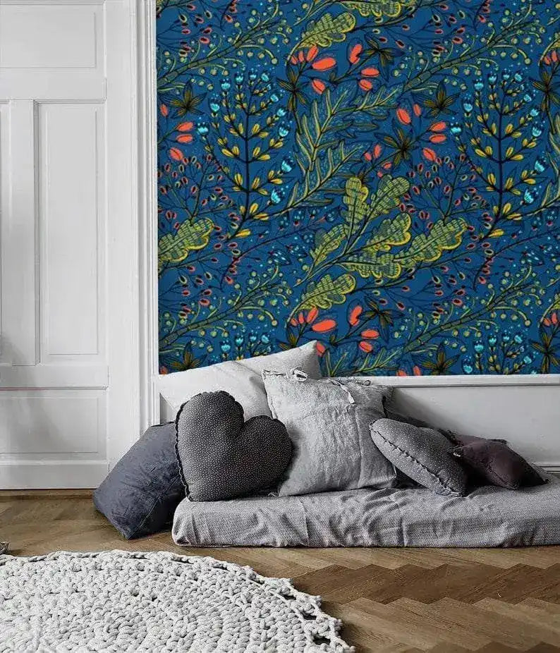 Dark Blue Watercolor Botanical and Floral Wallpaper | MAIA HOMES