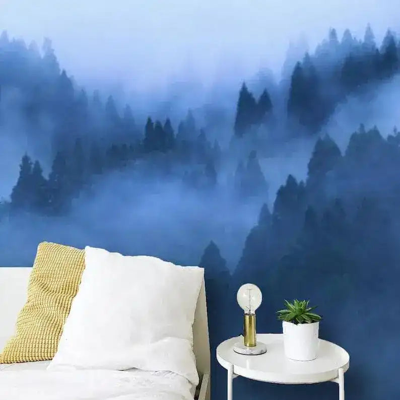 Foggy Blue Pine Forest Wall Mural – MAIA HOMES