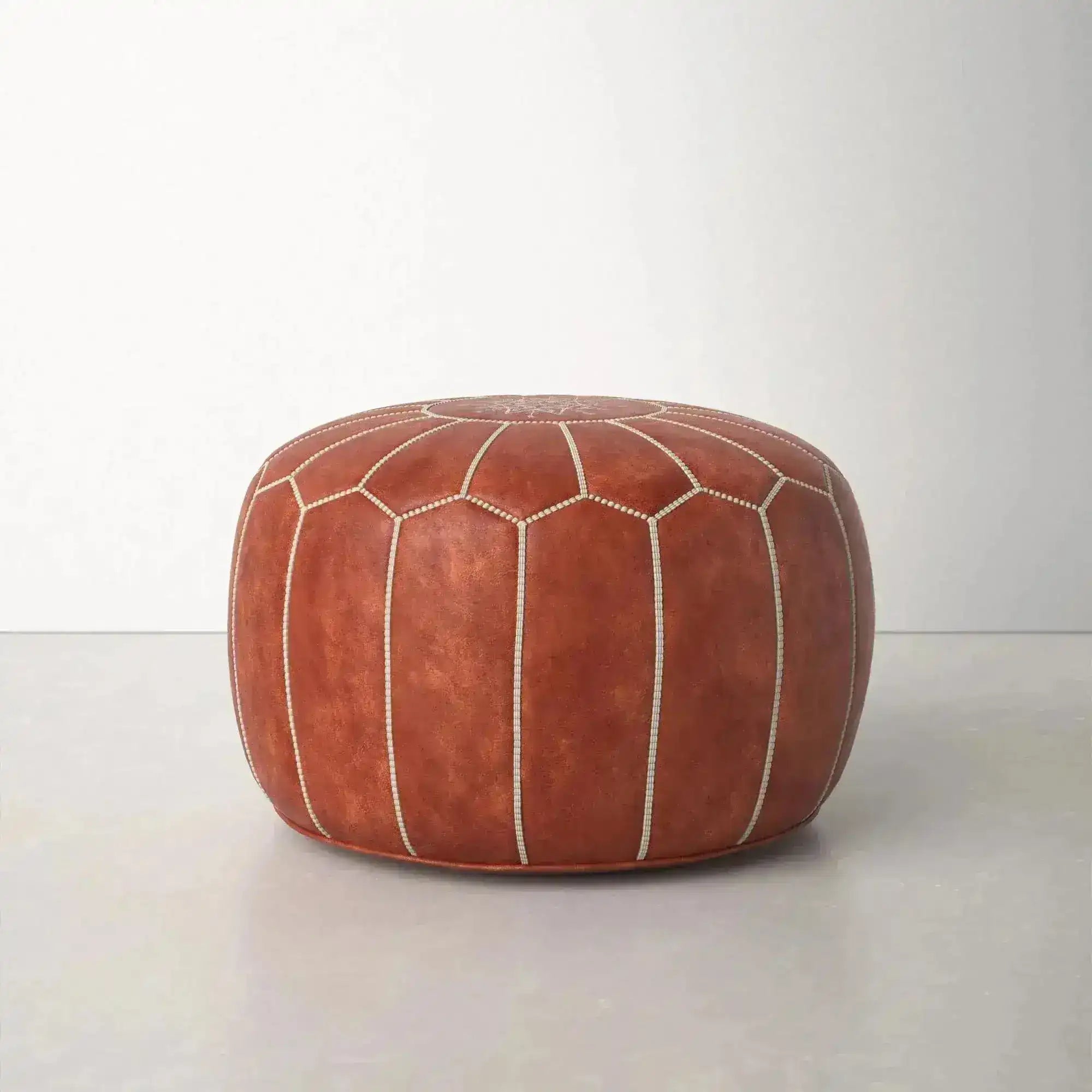 Genuine Leather Round Floral Pouf Ottoman - Brown | MAIA HOMES