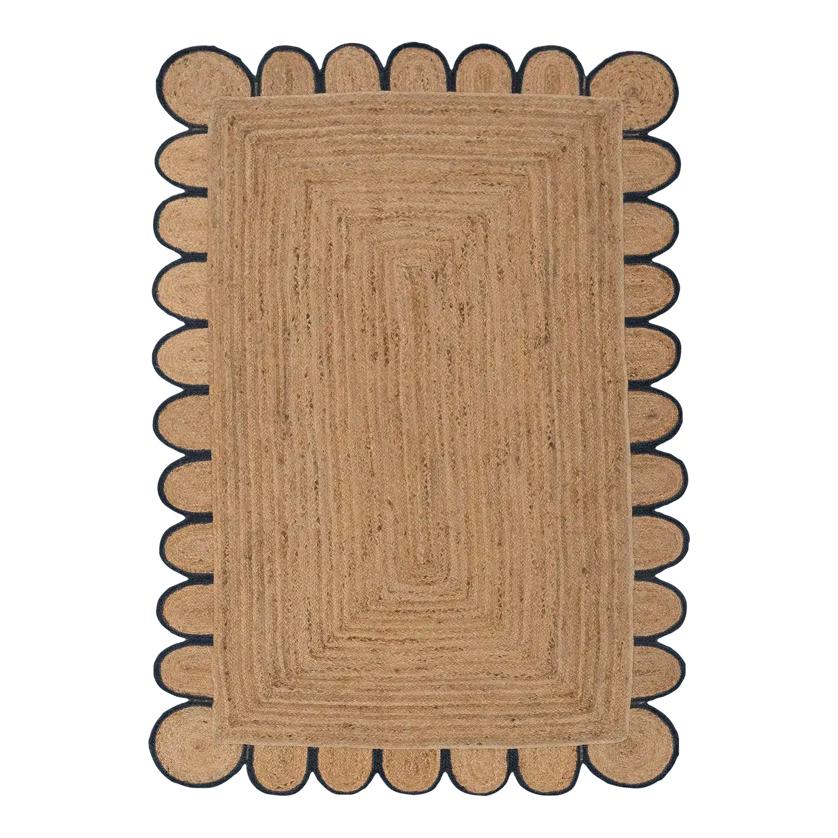 Handmade Black Trim Scalloped Jute Rug | MAIA HOMES