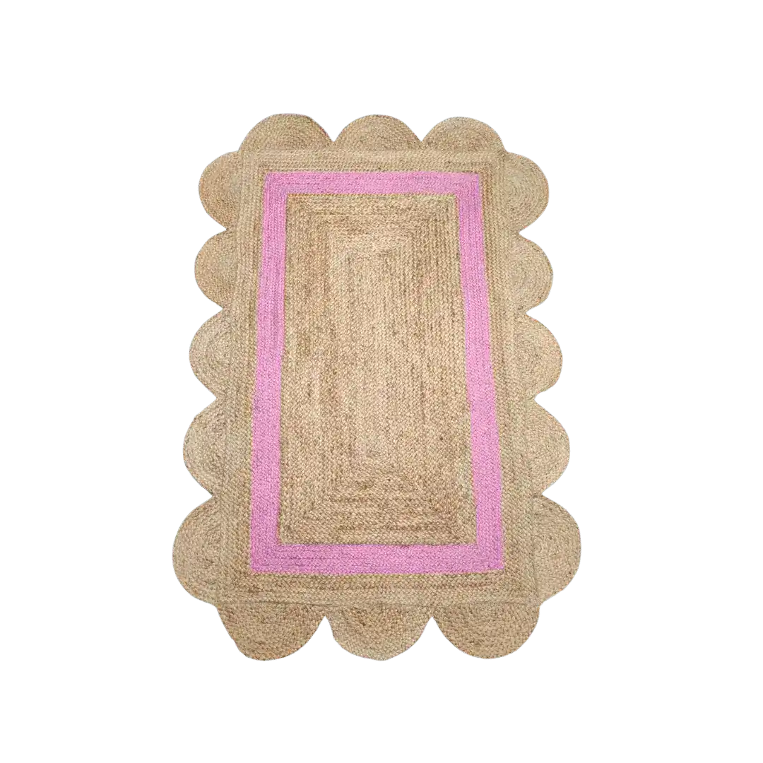 Handmade Large Pink Scalloped Border Jute Rug | MAIA HOMES