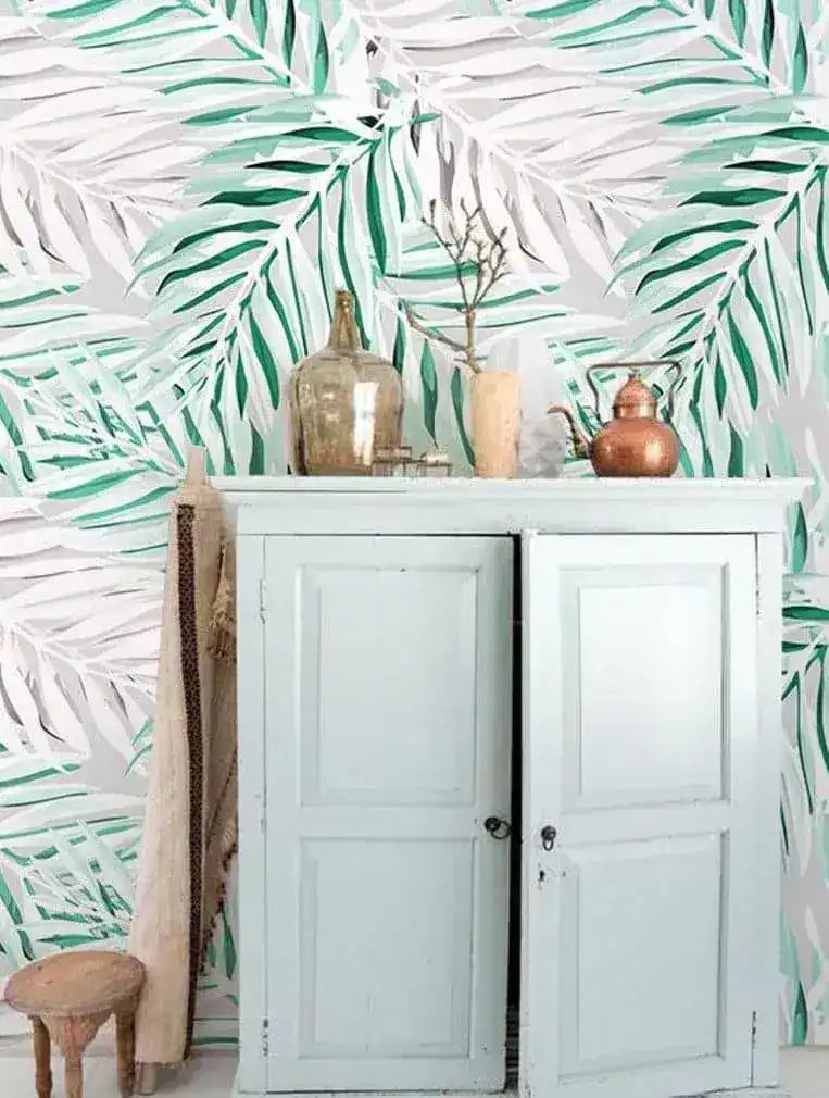 Minty palm leaves wallpaper, Palm wall decor, Palm wall mural, Tropical ...