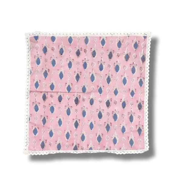 Pink and Blue Block Print Cotton Napkins with White Border Lace – MAIA ...