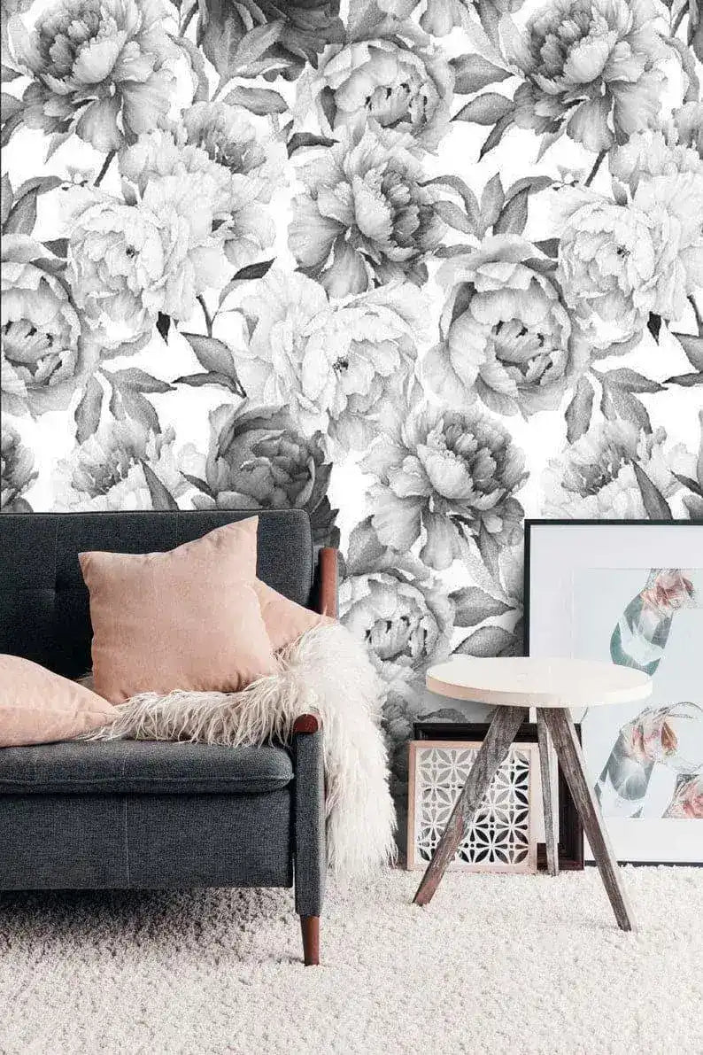 Romantic Gray Oversized Peony Wallpaper | MAIA HOMES